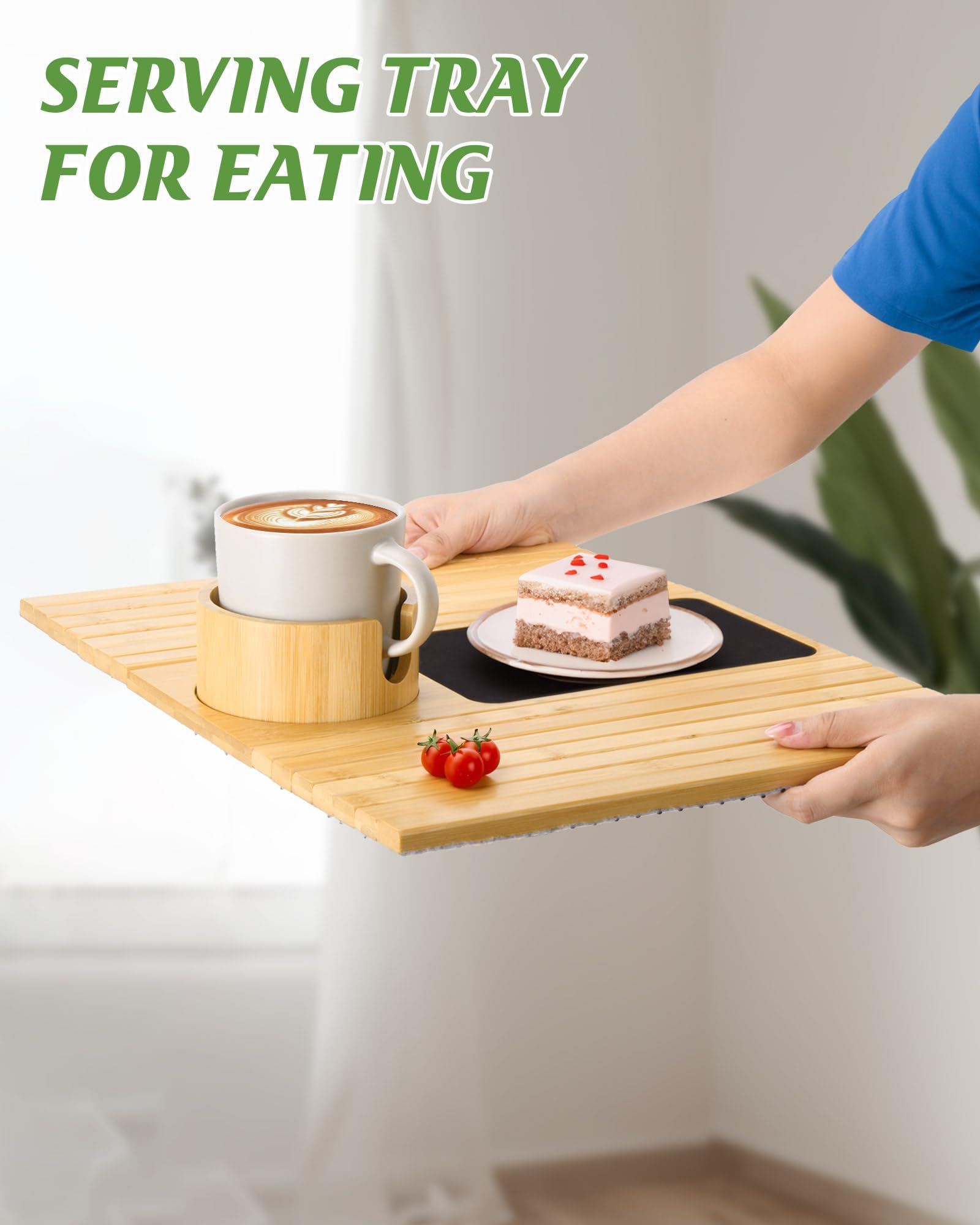 BS-VOG Couch Cup Holder, Bamboo Couch Arm Tray with 360° Rotating Drink Holder, Foldable Anti-slip Couch Arm Table, Sofa Armrest Tray Clip on Wide Couches for Eating, Snacks, Remote, No Installation