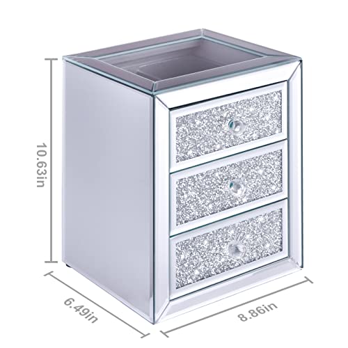 MOMNGNE Mirrored Glass Jewelry Box with 3 Drawer, Multi-layer Crushed Diamond Glass Mirrored Jewelry Box for Women,Mothers Day Gift