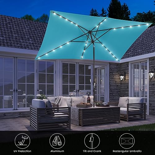 MONDAWE Outdoor Solar LED Patio Umbrella 10 x 6.5 FT Rectangular Market Umbrella with Lights, Tilt and Crank Aluminum Commercial Table Umbrella for Pool Backyard Balcony