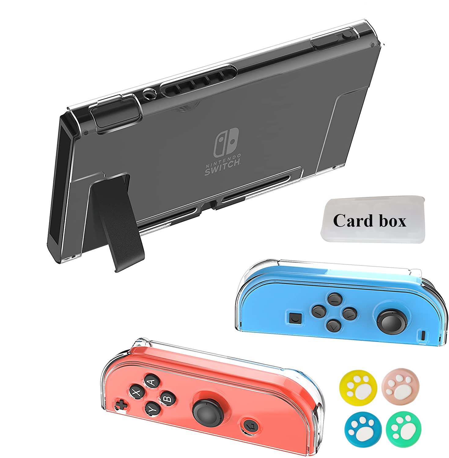 Clear Case for Nintendo Switch,3 in 1 Protective Case Cover for Nintendo Switch with 4 Thumb Grips and Game Cards Box (Clear White)