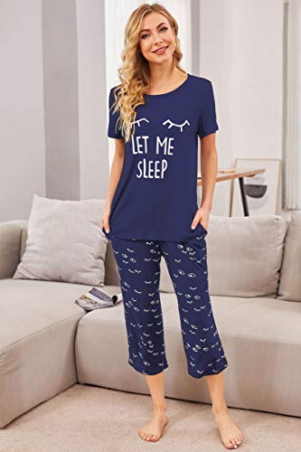 MAXMODA Women's Short Sleeve Capris Pajama Set Sleepwear Pj for Teen Girl Navy Blue L