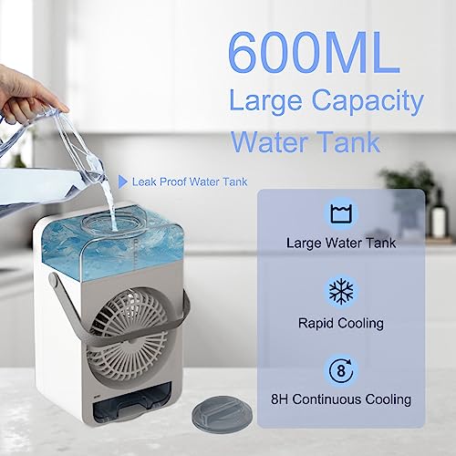 Trovono Portable Air Conditioner Fan,Mini Personal Air Cooler with 4 Wind Speed,2/4/6H Timer,600ML Tank,Rainbow LED Light,120°Oscillating Cooling Fan,2 Spray,Low Noise,Desktop Office, Home, Bedroom