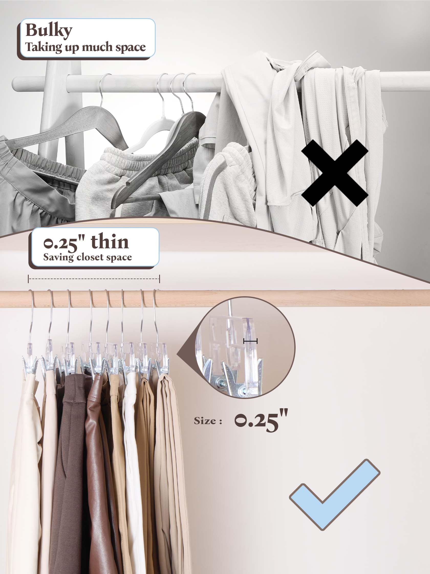 HOUSE DAY Clear Skirt Hangers with Clips, Non-Slip Plastic Pant Hangers with Adjustable Clips, Slim Clip Hangers for Pants, Skirts, Shorts, 14" Clear Hangers 10 Pack, 360-Rotating Swivel Hook