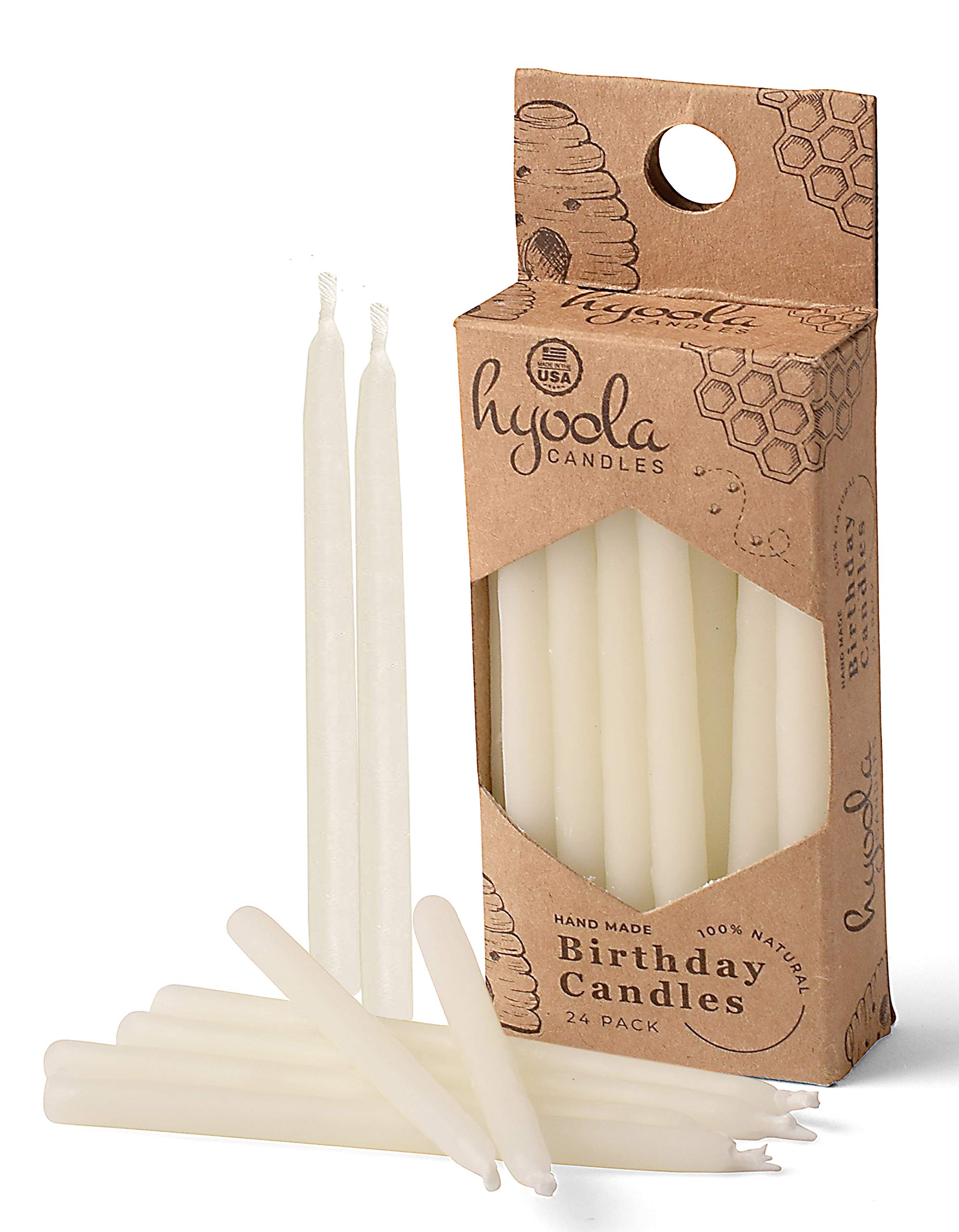 Hyoola Beeswax Birthday Candles – 24 Pack Mini Birthday Candles - All Natural 100% Unscented Pure Beeswax Candles - Handmade in The USA - White