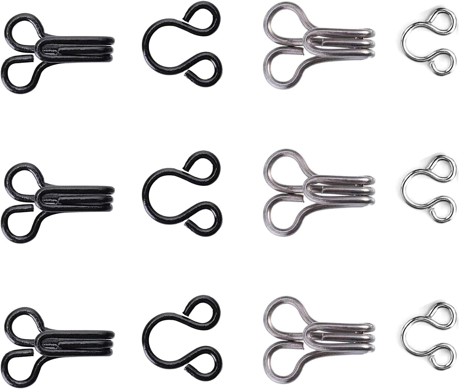 HAALII 60 Set Sewing Hooks and Eyes Closure for Bra Clothing Trousers Skirt DIY Craft, Trousers Skirt Sewing DIY Craft, 3 Sizes, Black and Silver
