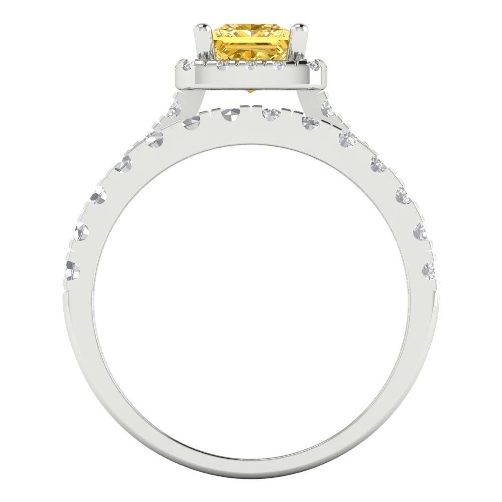 Clara Pucci 1.54 carat Princess Cut Halo Solitaire Natural Citrine Engagement Wedding Anniversary Bridal Ring band set 14k White Gold 6.5