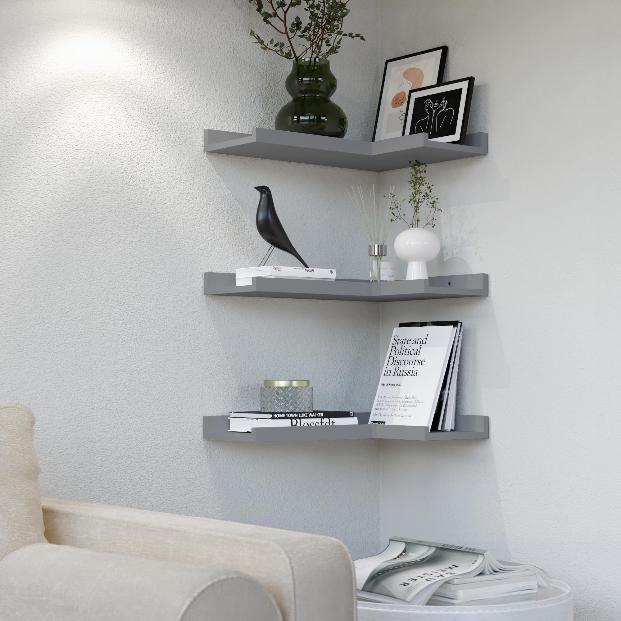 Boswillon 3 Tier Corner Floating Shelves with Protective Lip, Modern Corner Shelves Wall Mounted, Corner Ledge Shelves for Wall Decor, Grey Shelves for Living Room, Bedroom, Bathroom - Gray