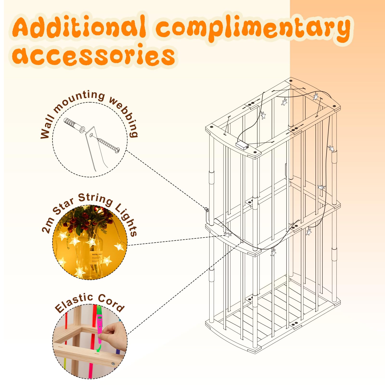 HAHASOLE Stuffed Animal Toy Storage Organizer, 59" Tall Wooden Large Stuffed Animal Holder with Rainbow Elastic Rope and Star String Lights, Zoo Cage for Nursery, Play Room, Bedroom…