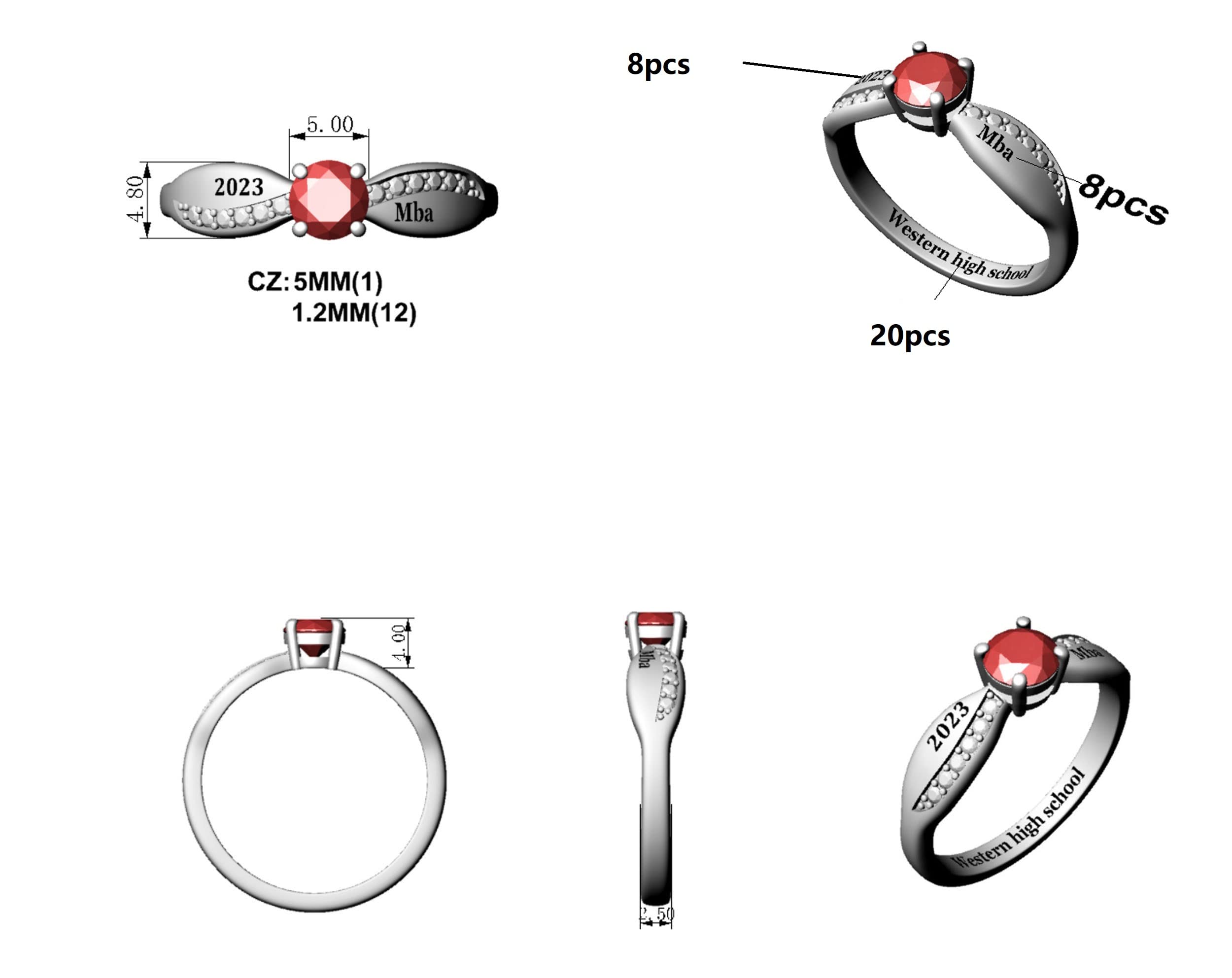 Customized Sterling Silver Women High School Class Ring β Dainty Collection β MEMENTOS JEWELRY (Sterling Silver Platinum)