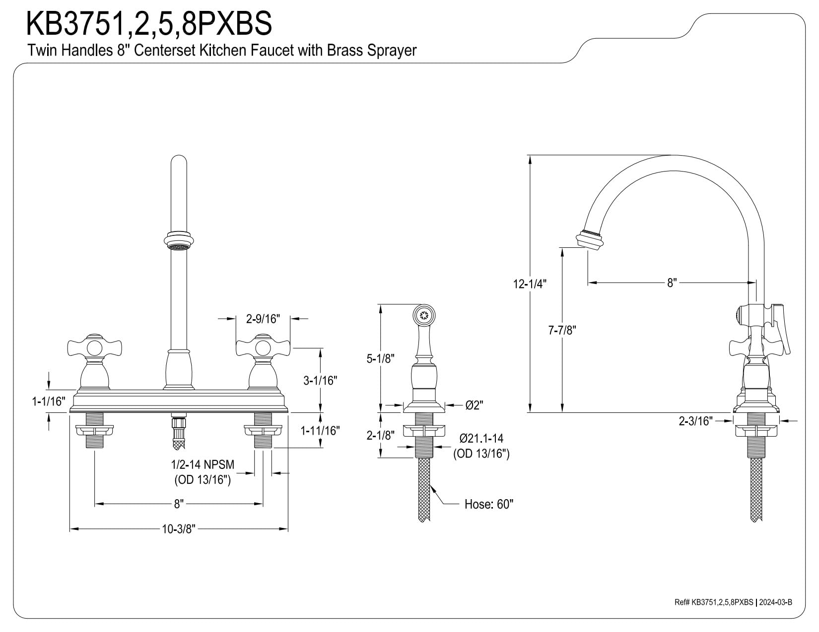 Kingston Brass KB3751PXBS Restoration Centerset Kitchen Faucet with Brass Sprayer, 8", Polished Chrome