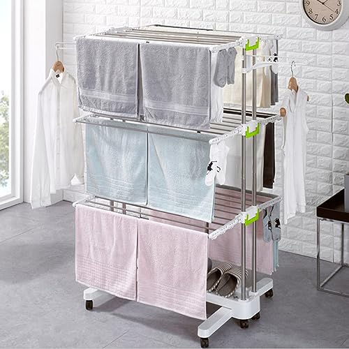 GAENZA Multifunctional Clothes Drying Rack Mobile Landing Folding Stainless Steel Double Pole Lifting Drying Rack Drying Rack Storage Indoor and Outdoor Simple