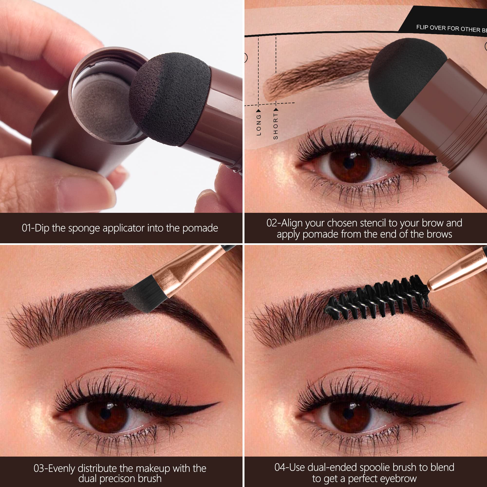 Eyebrow Stamp Kit Brow Stencil for Perfect Brows with 10Pc Eyebrow Stencils, Waterproof Eye Brow Pomade Long Lasting Brow Makeup, Pigmented & Easy to Use, Light Brown