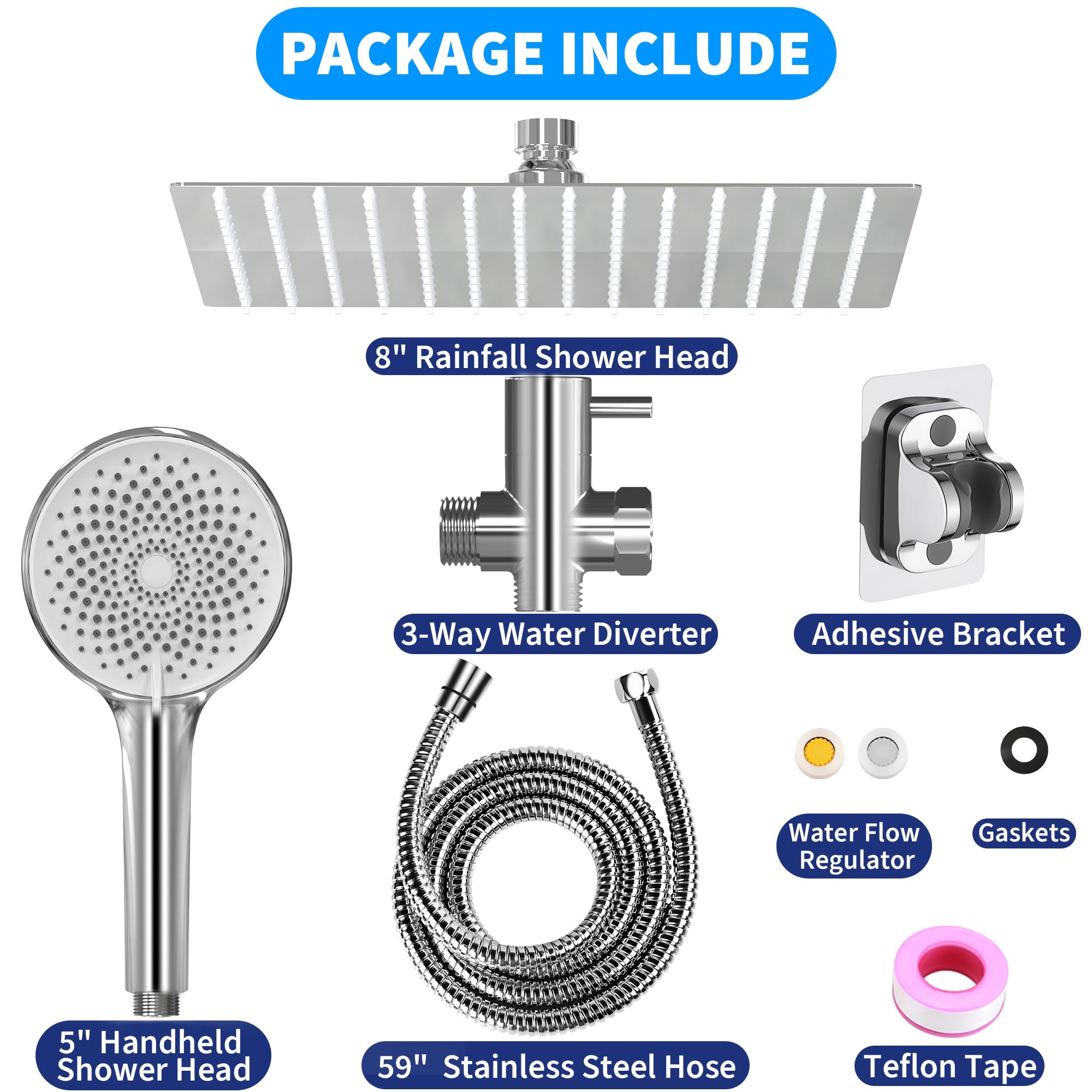 Cirtek Shower Head, 8" Rain Shower Heads with Handheld Spray Combo, High Pressure Hand Held Showerhead with Hose, Rainfall Shower Head with Built-in Power Jet to Clean Bathroom/Tub/Pet, Chrome