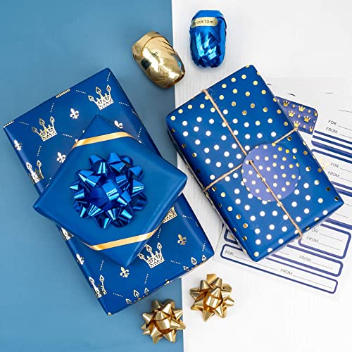 MAYPLUSS Wrapping Paper Set - Mini Roll with Bow & Ribbon & Gift Tags & Stickers - 17 inch X 120 inch Per roll - Royal Blue Design (42.3 sq.ft.TTL)