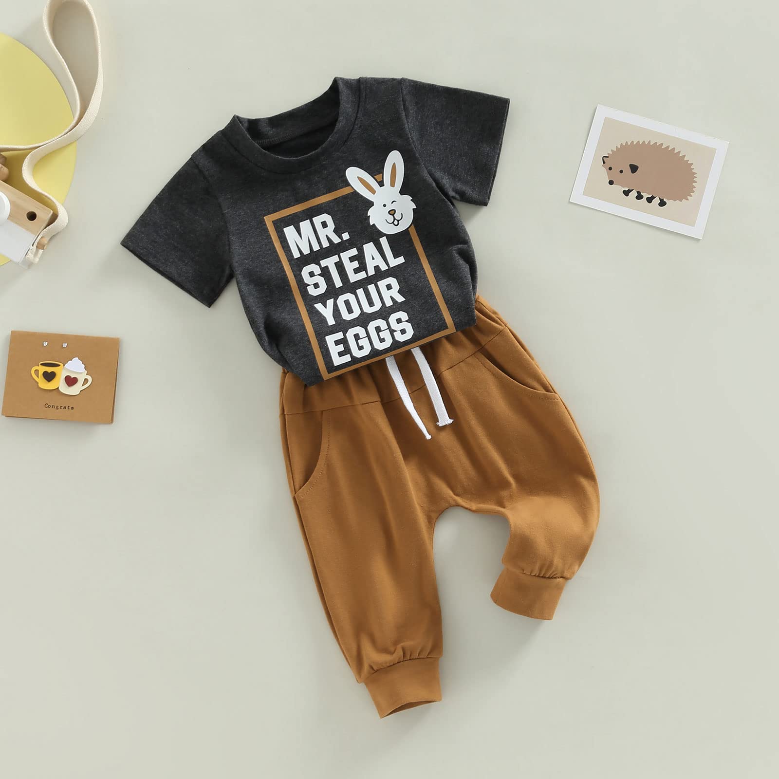 Easter Baby Boys Pants Set, Short Sleeve Crew Neck Letters Rabbit Print T-Shirt + Elastic Waist Sweatpants (Dark Gray, 2-3 Years)