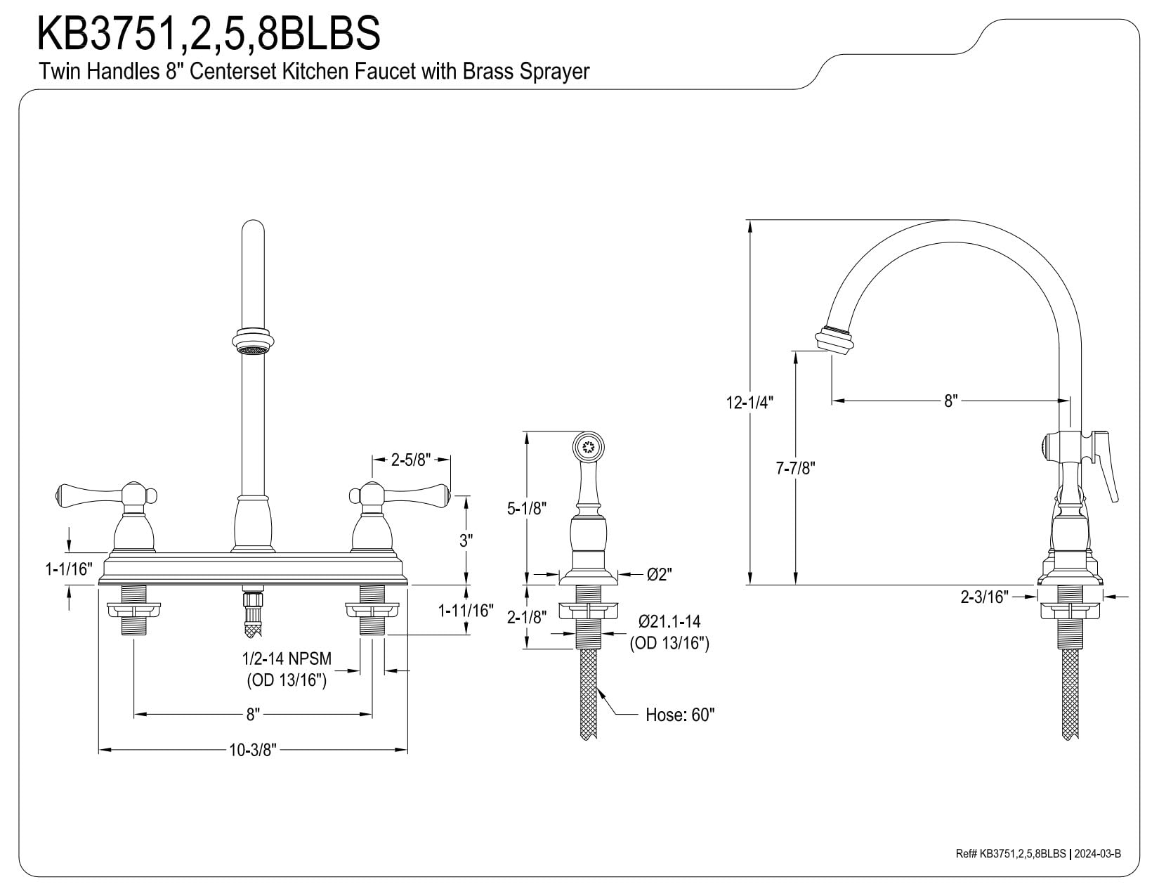Kingston Brass KB3751BLBS Vintage set Kitchen Faucet with Brass Sprayer, 8-1/2-Inch, Polished Chrome