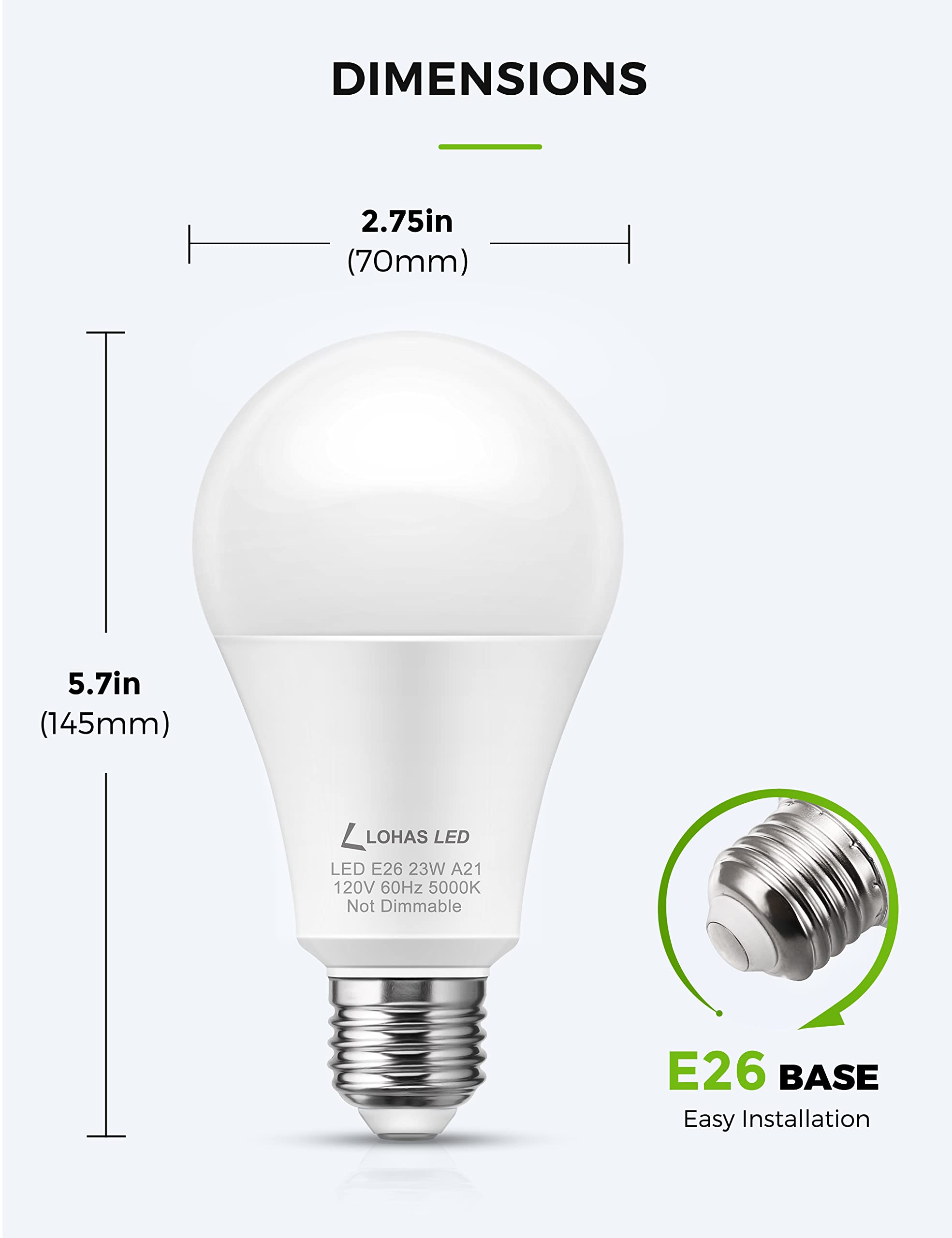 LOHAS Super Bright White LED Light Bulb, A21 23W(150-200Watt Equivalent), 2500 High Lumen, 5000K Daylight White, Garage Light Bulbs, E26 Porch Light Bulb, Non-Dim, No Flicker for Home Lighting, 2-Pack
