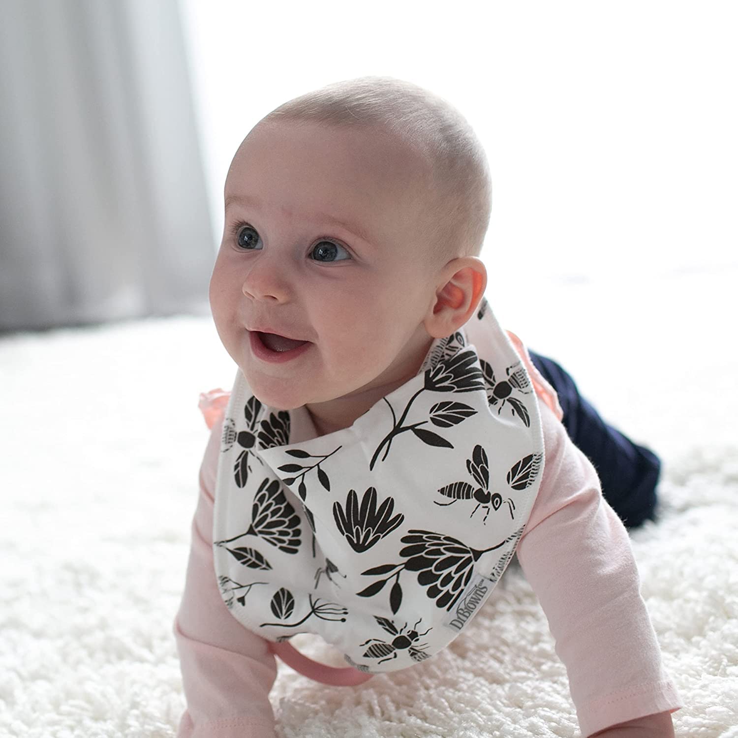 Dr. Brown's Super Soft Bandana Bibs with Two Snap-On Teethers, 3m+, 4-Pack, Flowers/Pink Strips/Feathers/Dots