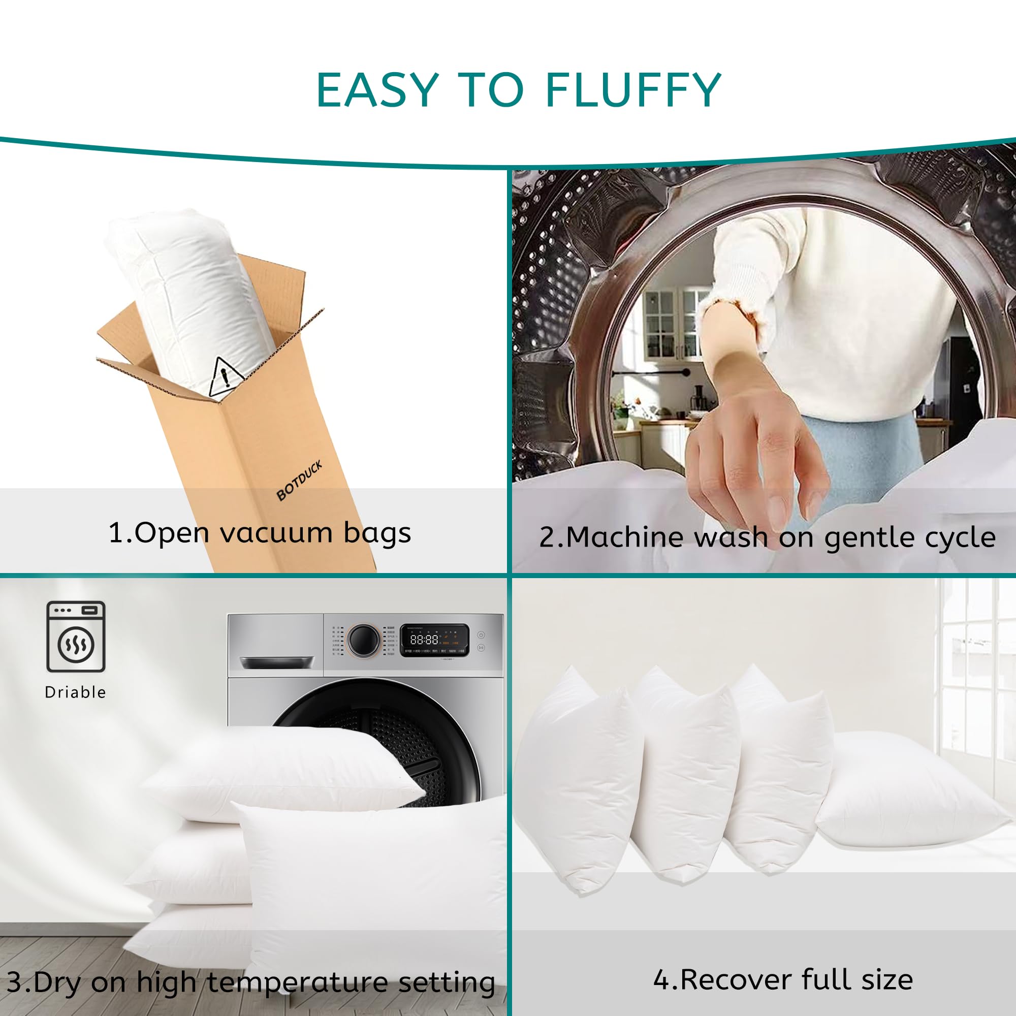 Botduck Bed Pillows Standard Queen Size Set of 4 Soft Down Alternative Pillow for Sleeping Medium Supportive for Side Back Stomach Sleeper 20x26 Inch White