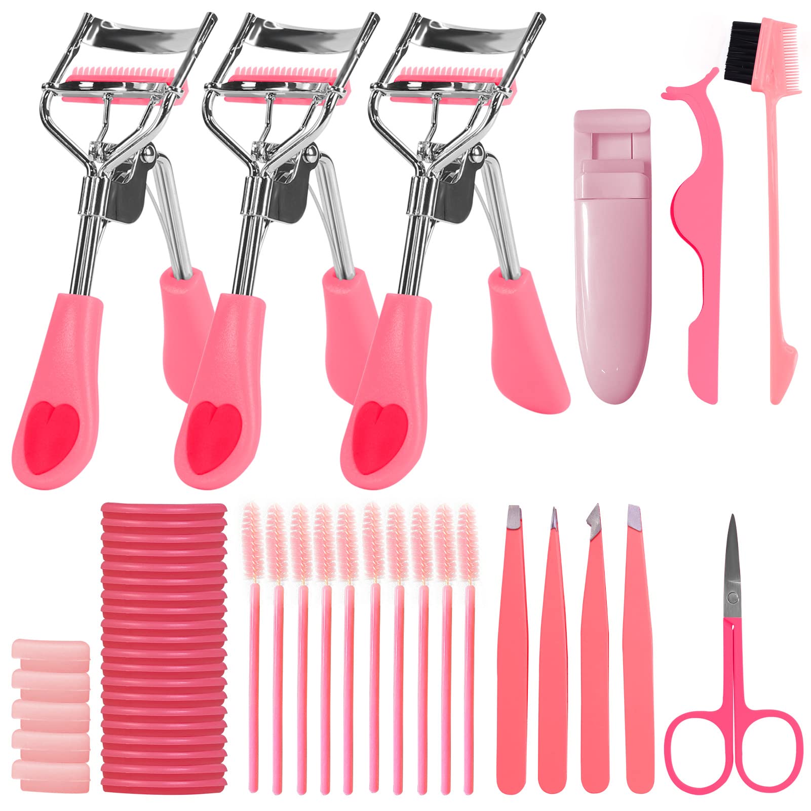 Eyelash Curler with Comb Kit Pink, 46 in 1 Eye lash Curler Set with Mini Eyelash Curle,Eyelash Extension Tweezers,Eyebrow Brush,Eyelash Brush,Eyelashe Scissors and Silicone Refills for Lash Brow