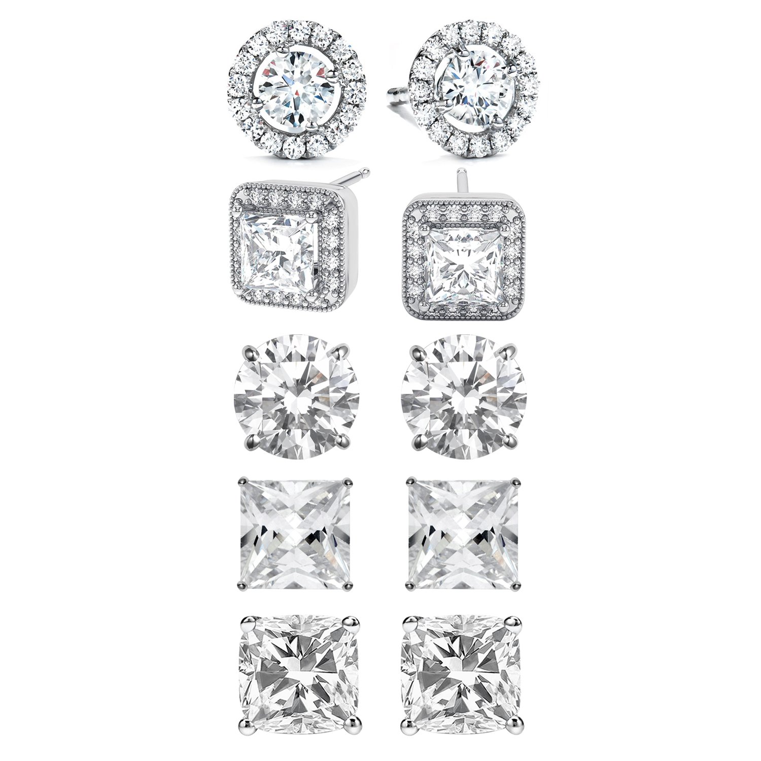 BSD Treasure Cubic Zirconia Stud Earrings 5 Pair Set - Women's Hypoallergenic Earrings - Classic Cubic Zirconia Earring in 5 Styles - Beautiful Jewelry Assortment - Silver