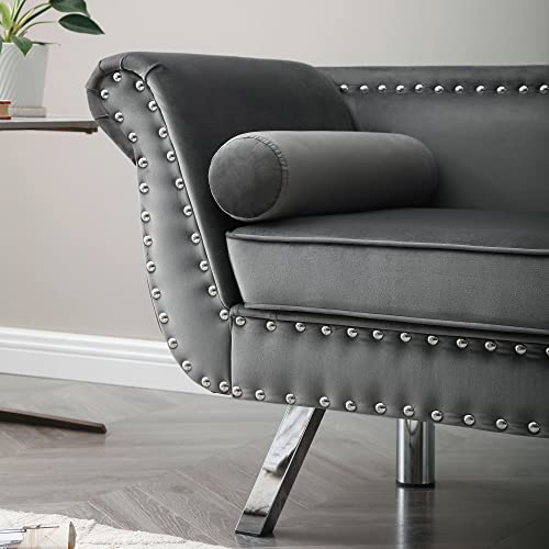 Mid Century Modern Loveseat Sofa, Upholstered Chesterfield Sofa With 2 Bolster Pillows, Velvet Love Seat With Nailhead Trim, 61" Small Couches Loveseat Settee Roll Arm For Living Room, Dorm(Grey)
