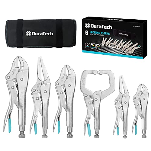 DURATECH 6-Piece CR-V Locking Pliers Set, 6-1/2โ, 9-1/2โ Long Nose Locking Pliers, 5โ, 7โ and 10โ Curved Jaw Locking Pliers, 6โ C-clamp Locking Pliers, Fast Release with Oxford Rolling Pouch