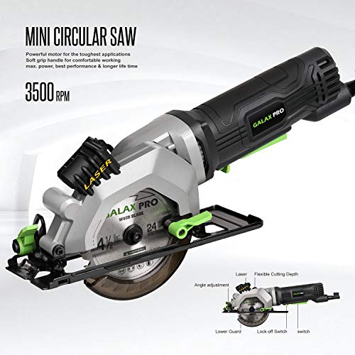 GALAX PRO 4Amp 3500RPM Circular Saw with Laser Guide, Max. Cutting Depth1-11/16"(90°), 1-1/8"(45°)Compact Saw with 4-1/2" 24T TCT Blade, Vacuum Adapter, Blade Wrench, and Rip Guide
