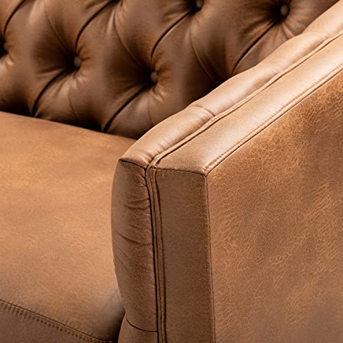 HULALA HOME 84" W Suede Faux Leather Sofa Couch with Metal Legs, Button-Tufted 3-Seater Sofa, Mid Century Modern Contemporary Upholstered Couch for Living Room, Entertainment Area, Apartment,Camel
