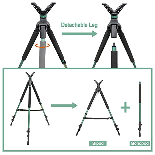 HUNTPAL Aluminum Hunting Shooting Stick Rifle Tripod Gun Rest with Removable 360° Horizontal Rotation 90° Swing Leg, Adjustable Telescope Monopod Bipod with V Yoke Head & Interchangeable Spike Feet