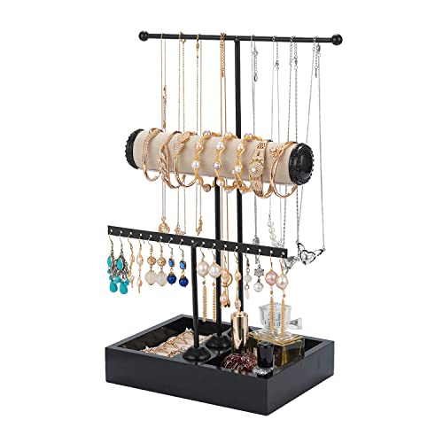 Pemilosci Jewelry Organizer Stand 3 Tier Hanging Jewelry Organizer for Earring Necklace Bracelet Holder Jewelry Ring Perfume Organizer Box Holder Storage (Black)……
