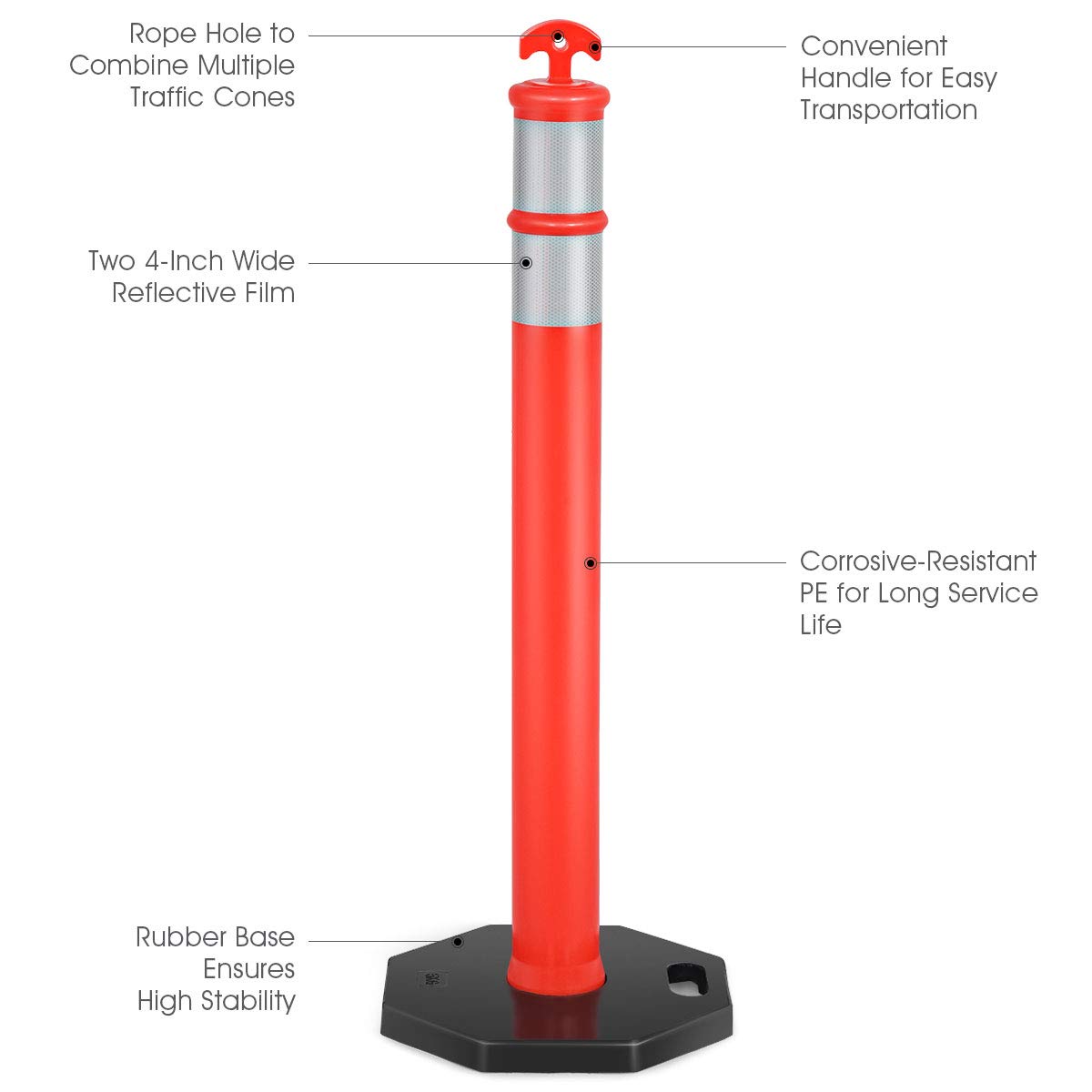 Goplus 45" Delineator Post Cone, 6 Pack Traffic Cone Safety Barrier with 4" Reflective Collars, 10lbs Octagonal Rubber Base, Perfect as Parking Posts, Construction Cones, Street Stanchions