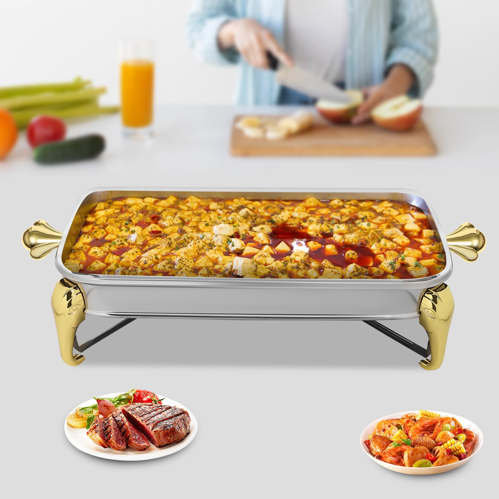 Chafing Dish Buffet Set Server Stainless Steel Chafing Dishes Oven Safe Glass Rectangle Food Warmer for Event Party Holiday 2.9L