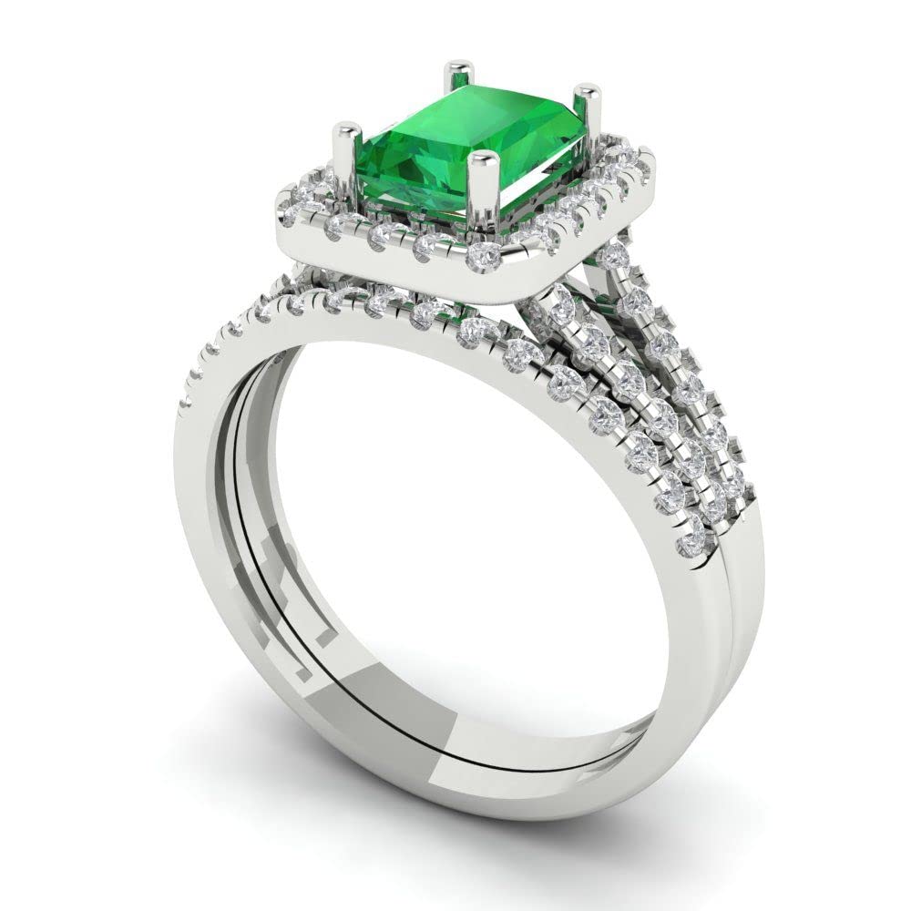 Clara Pucci 1.7 ct Emerald Cut Halo Solitaire Simulated Emerald Designer Art Deco Statement Wedding Ring Band Set 18K White Gold 8