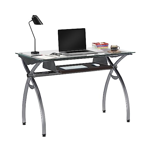 Techni Mobili Modern Work Desk-43.25” Wide Tray-Perfect Clear Contempo Glass Top Computer Desk with Pull Out Keyboard Panel, 43.25" W