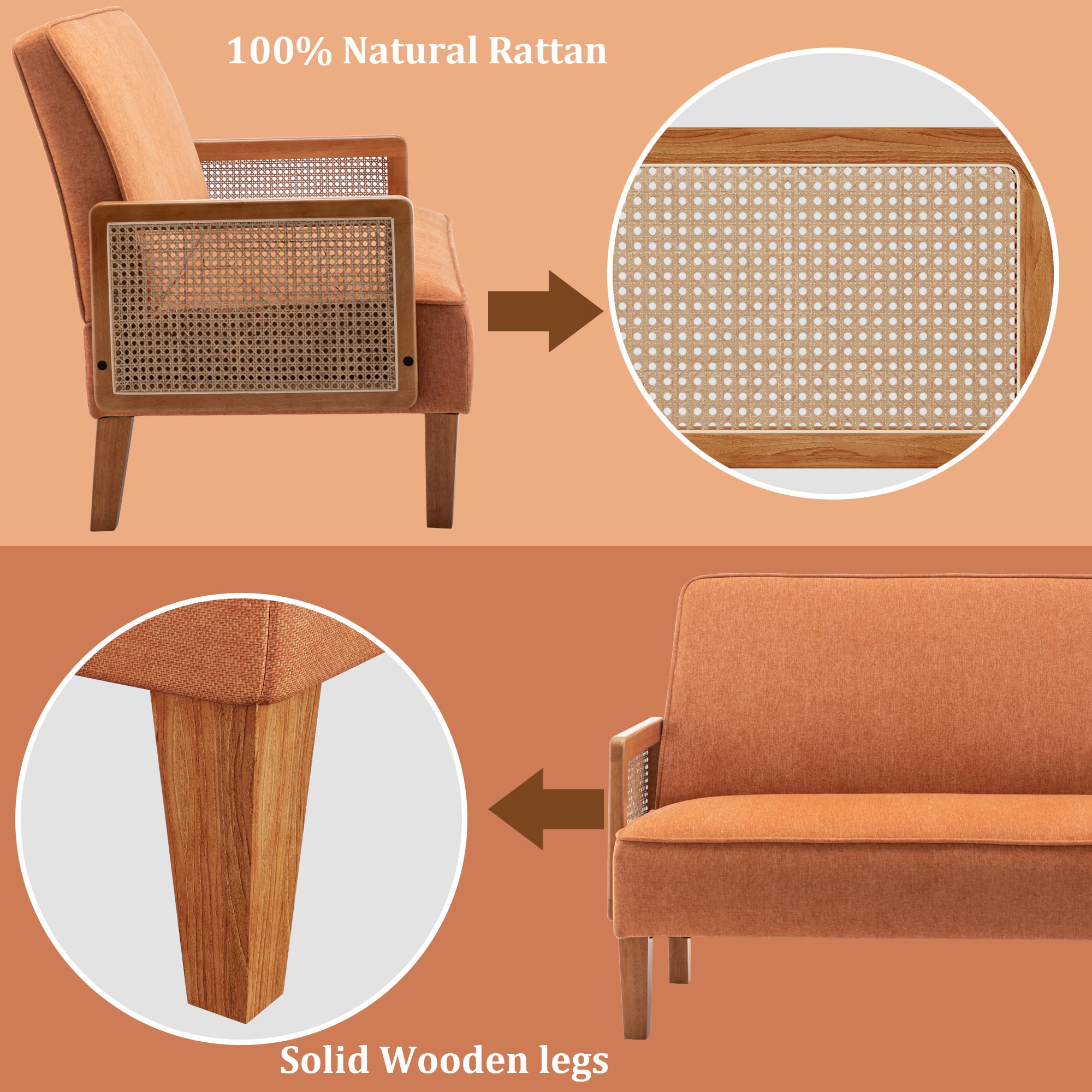WENTMENT Loveseat Sofa Small Couch for Living Room Love Seat with Natural Rattan Armrest and Solid Wooden Legs Small Sofa for Small Space, Bedroom, Apartment(Orange)