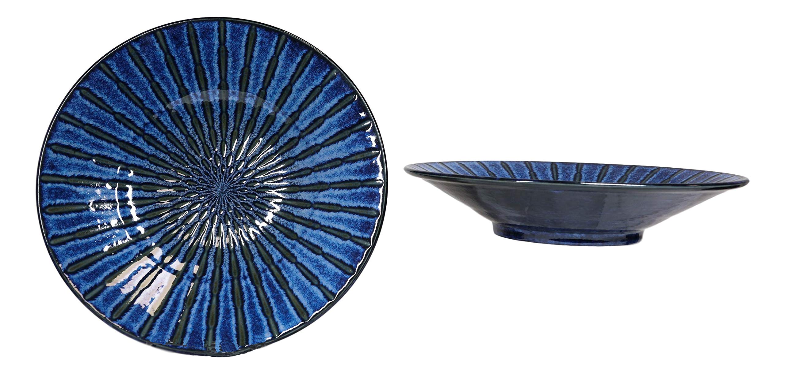 Ebros Gift Made In Japan Radiant Solar Flair Reduction Technique Pottery Glazed Ceramic Shallow Bowls Pack Of 2 Japanese Bowl Set 24oz 11.5"Dia Zen Asian Fine Dining Dinnerware Deep Plates (Blue)