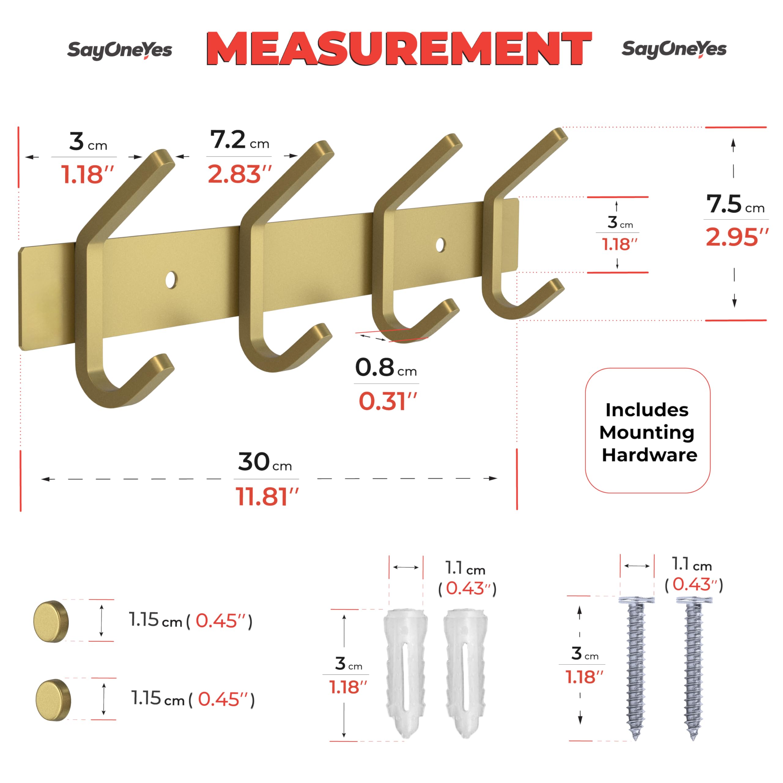 SAYONEYES Brushed Gold Coat Rack Wall Mount with 4 Double Hooks for Hanging – 12 Inch Heavy Duty SUS304 Stainless Steel Rustic Coat Hooks – Hat, Clothes, Purse, Towel Wall Hooks – 1 Pack