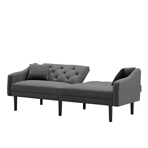 KoiHome Velvet Futon Bed with Adjustable for Backrest, Sleeper Sofa with Two Pillows, Modern Couch with Handrail and Wood Legs, Upholstered Loveseat for Living, Bedroom,Office,Waiting Room, Grey
