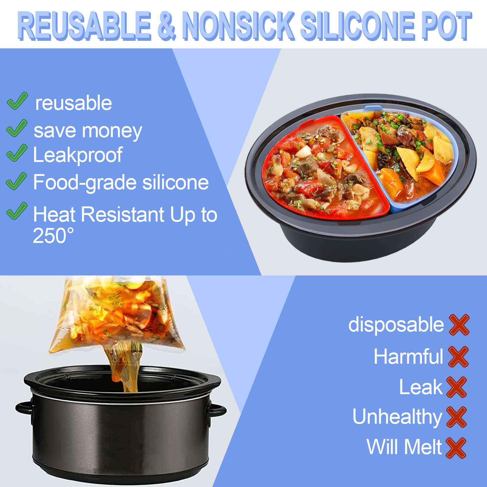 CHAHOT Silicone Slow Cooker Liners-2Pcs Slow Cooker Divider Liners for Crock Pot 6QT, Reusable Leakproof Dishwasher Safe BPA Free Food Grade Silicone Slow Cooker Liners for Crockpot Slow Cooker 6-7QT