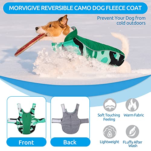 MORVIGIVE Camo Winter Dog Coat, Reversible Waterproof Dog Jacket Dog Cold Weather Coats, Warm Dog Puffer Jacket Reflective Dog Coat with Harness Built in for Small Medium Large Dogs