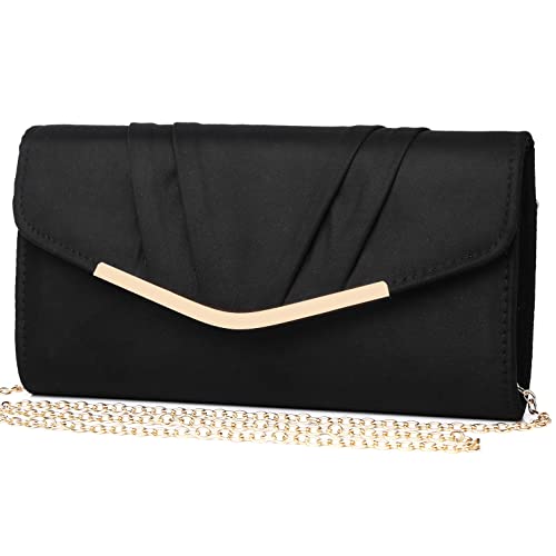 DETARA Women Evening Bag Suede Pleated Clutch Purse Envelope Clutches Wedding Party Bridal Purse (Black)