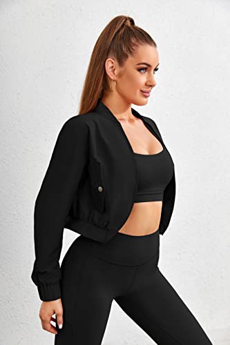Kolagri Women Long Sleeve Cropped Windbreaker Open Front Quick Dry Thin Bomber Jacket Workout Bolero Jackets Tops Black M