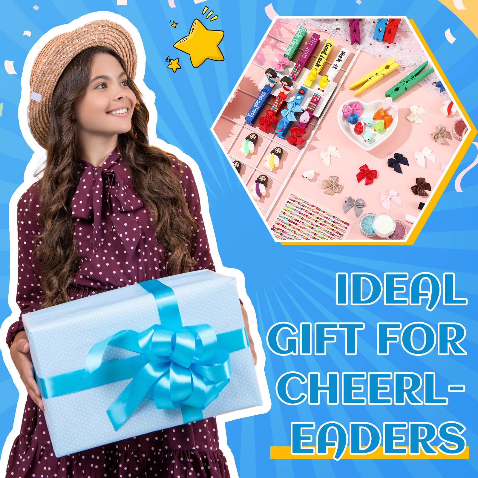 Halloscume 70 Pcs Cheer Pins Decorations Include 20 Cheer Pins, 10 Jesus Ornaments, 10 Mini Ducks, 20 Mini Bows, 6 Sequin Pearl Powder, 1 Rhinestone Stickers, 2 Water Based Pen, 1 Glue, Cheer Gifts