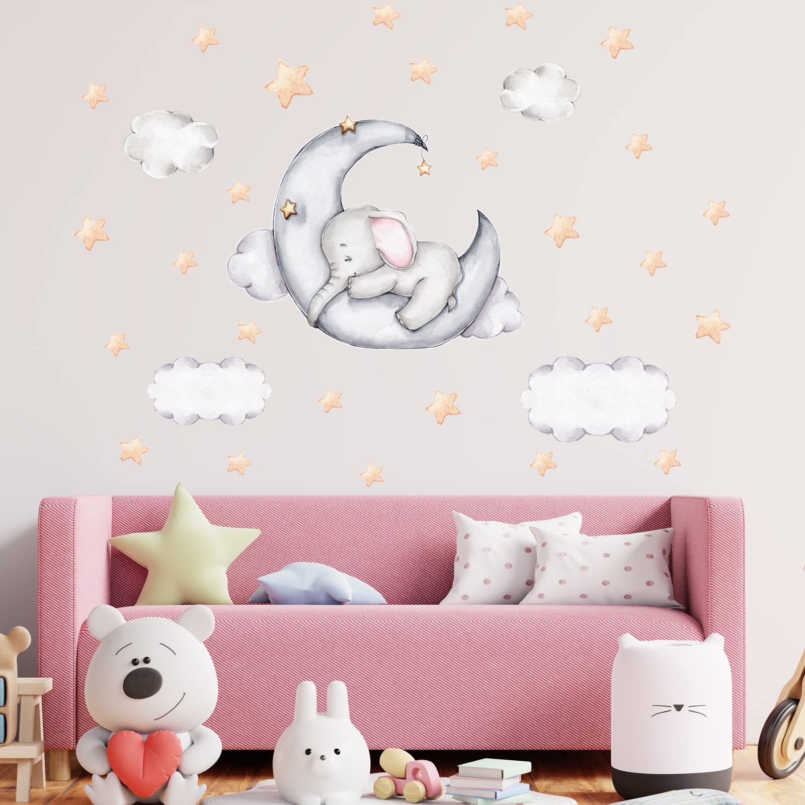 Dream Big Elephant Wall Decals Baby Room Wall Decals Moon Star Clouds Wall Decals for Nursery Kids Room Living Room Bedroom Decorations Home Decor