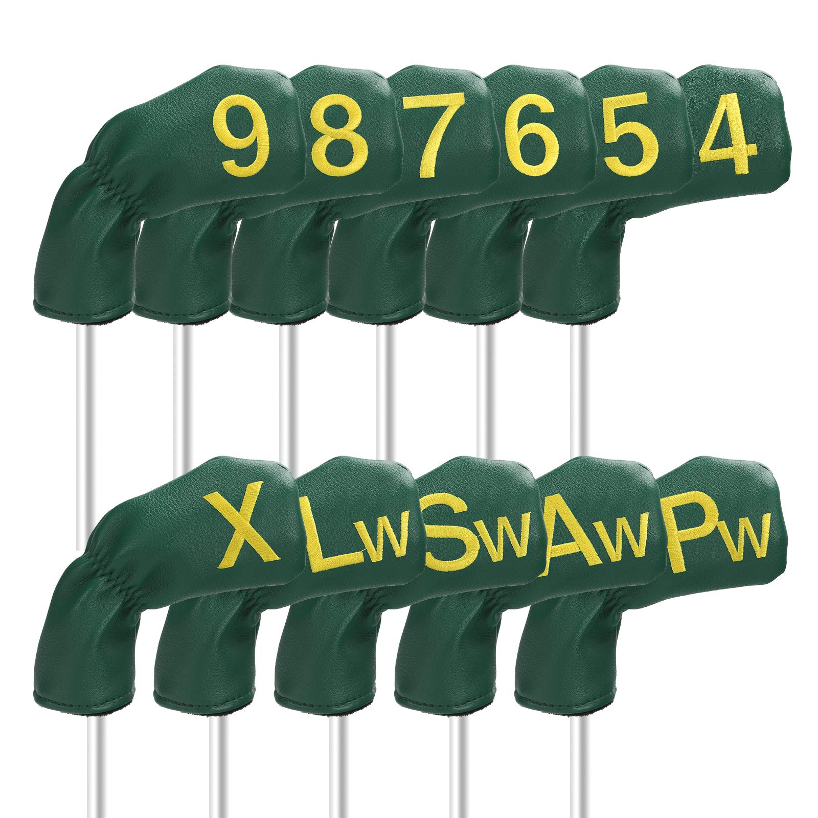 Craftsman Golf Green 11pcs /Set (4,5,6,7,8,9,A,S,P,L,X) Leather Iron Covers Headcover with Large Gold No. on Both Sideds suitable for Left and Right Handed Golfer