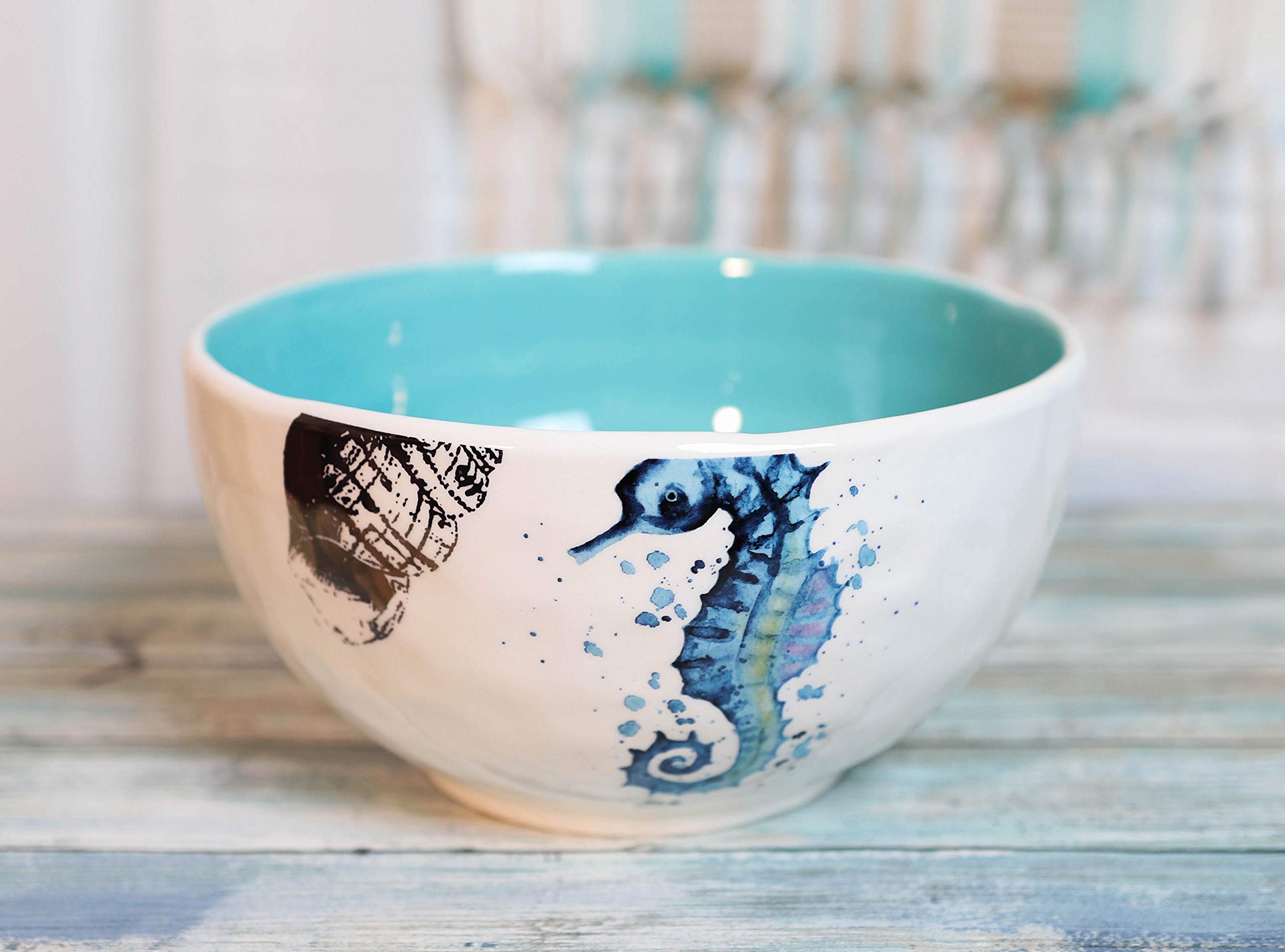 Ebros Nautical Marine Coastal Sea Life Blue And White Seahorse Ceramic Dinnerware For Beach Party Hosting Kitchen And Dining Earthenware Serveware (Large Pasta Noodles Salad Soup Serving Bowl 95oz)