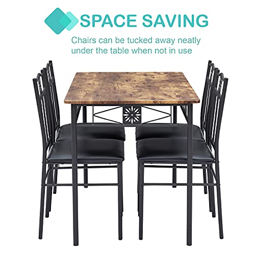 VECELO Kitchen Dining Room Table Sets for 4, 5 Piece Metal and Wood Rectangular Breakfast Nook, Dinette with Chairs, 42x31.4x30 inches,15.7x15.9x33.8 inches, Retro-Brown