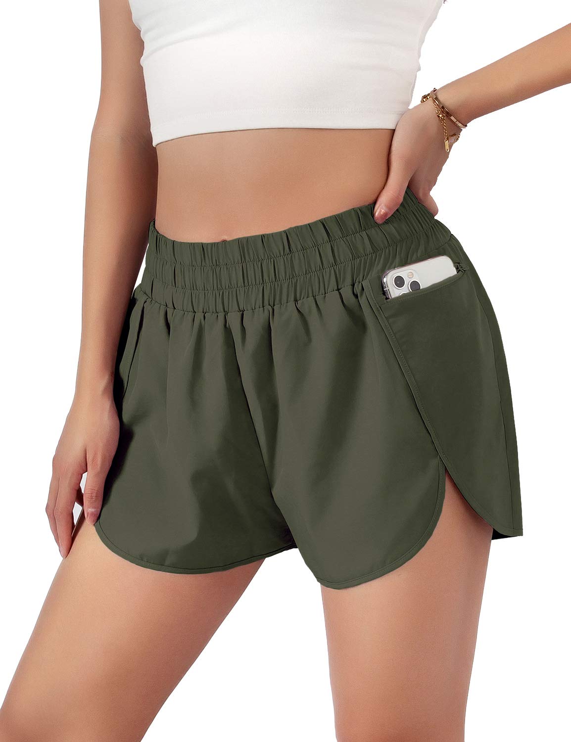 Blooming Jelly Women's Quick-Dry Running Shorts Sport Layer Active Workout Shorts with Pockets 2024 (x-Small, Army Green)
