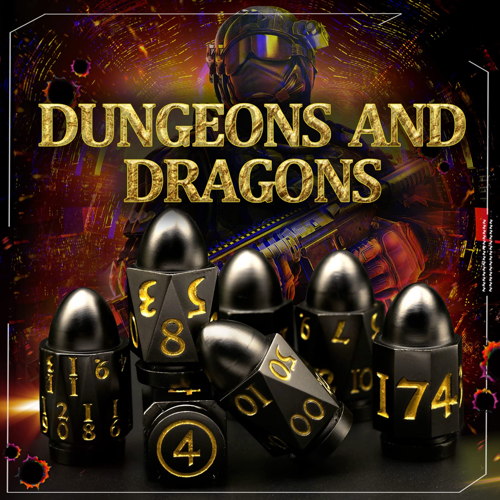Bullet Dice Set Revolver, DND Dice Metal, ZHOORQI Gun Dice Set D and D Dice Gifts for Dungeons and Dragons, Pathfinder, Warhammer 40k, D&D, or Theme Tabletop Games(7Bullet-Black Gold)